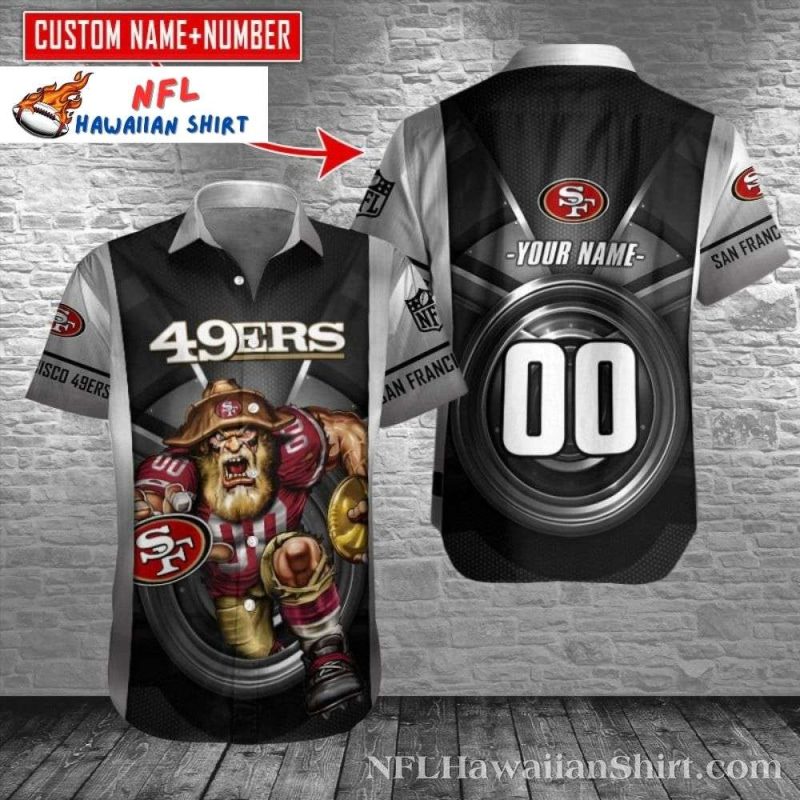 49ers Gridiron Mascot Monochrome Custom Number Hawaiian Shirt - Hot ...